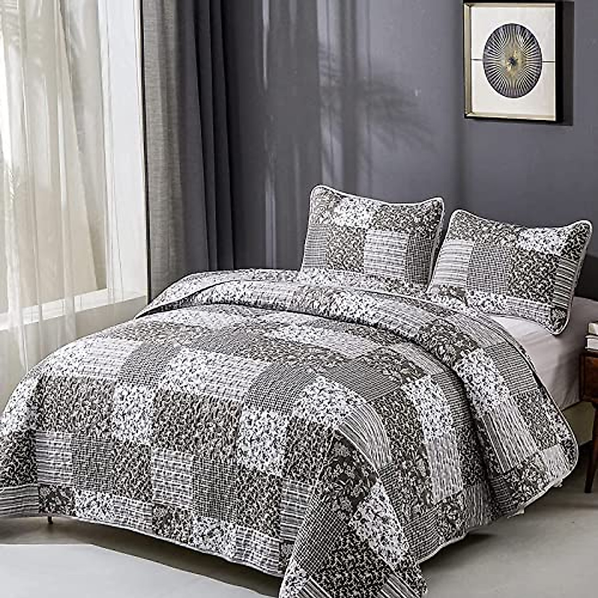 Mybedsoul Grey Boho Quilt Set King Size,3 Pieces Plaid Floral Bedspread Coverlet Set for All Season,Patchwork Reversible Bedding Set King 90"x104"