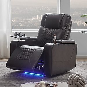 Merax Lazy Boy Recliner Chair, Power Leather Single Sofa, with Cup Holders, Tray Table and Storage, Black