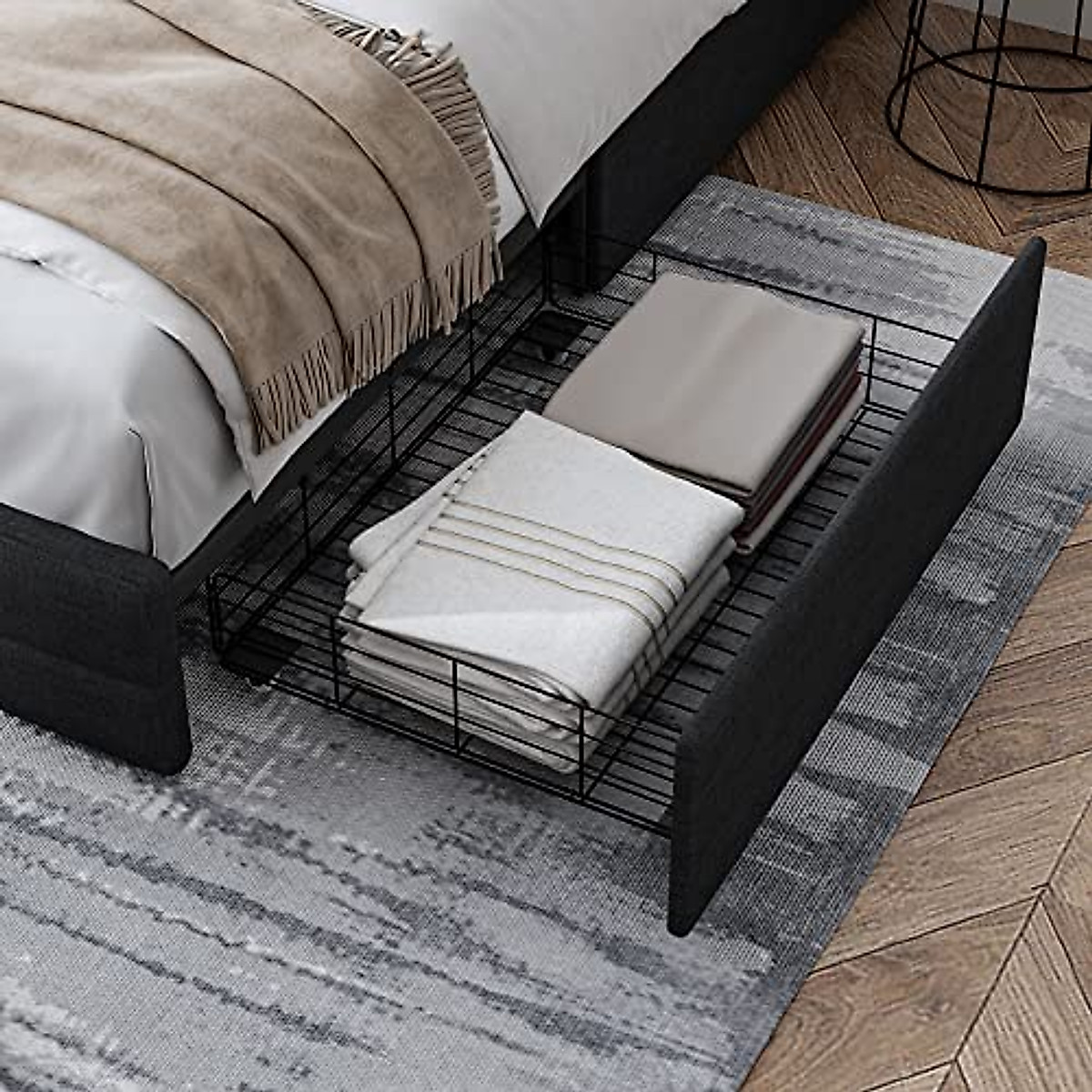 Modern Upholstered Bed Frame with 4 Drawers, Platform Bed with Button Tufted Headboard, Solid Wooden Slat Support, Easy Assembly, Queen Size, Black