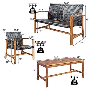 Tangkula 8-Piece PE Rattan Patio Furniture Set, Outdoor Conversation Set with Solid Acacia Wood, Outdoor Bistro Set with 1 Coffee Table, 1 Loveseat and 2 Chairs for Poolside, Backyard and Deck