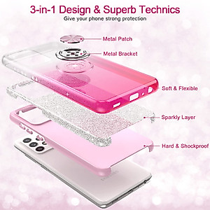PeeTep Galaxy A52 5G Case for Girls Women, Slim Fit Glitter Sparkly Case with 360°Ring Holder Kickstand Magnetic Car Mount Shock-Absorbent Protective Sturdy Cover,Pink