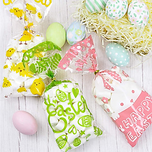 Whaline Easter Cellophane Party Bags 160pcs Bunny Easter Egg Treat Bags with 200pcs Gold Twist Ties Plastic Cello Candy Sweet Bags Gift Bags Chick Flower Bags for Easter Party Table Decor, 4 Designs