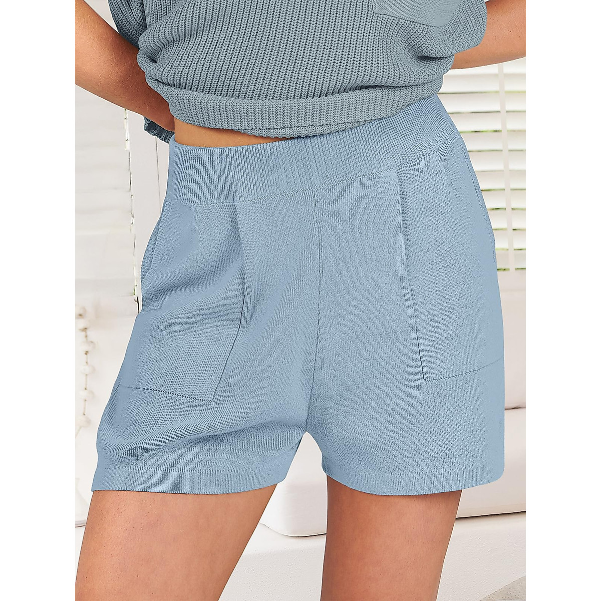 ANRABESS Women's Two Piece Summer Outfits Knit Sweater Short Sets Pullover Tops & Shorts Lounge Matching Clothes Set Sky Small