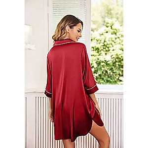 Ekouaer Sexy V Neck Satin Nightgowns Silk 3/4 Sleeve Sleepshirt Button Down Boyfriend Nightshirt Bridesmaid Sleepwear Wine Red L