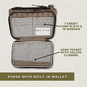 Bella Taylor Essentials Crossbody Purse with Built In Wallet, Quilted Cotton Ashmont Tan, Grey and Cream Patchwork