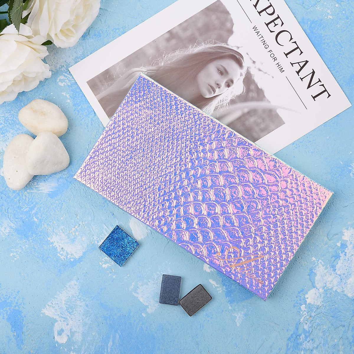 Allwon Magnetic Palette Mermaid Empty Makeup Palette with Mirror and 20Pcs Adhesive Empty Palette Metal Stickers for Eyeshadow Lipstick Blush Powder