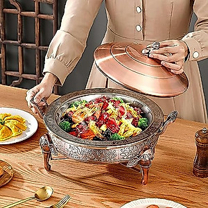 FLTRGO Retro Round Chafing Dish, Stainless Steel Buffet Server Warming Tray with Fuel Holders and Lid, for Birthday Party Wedding Celebration