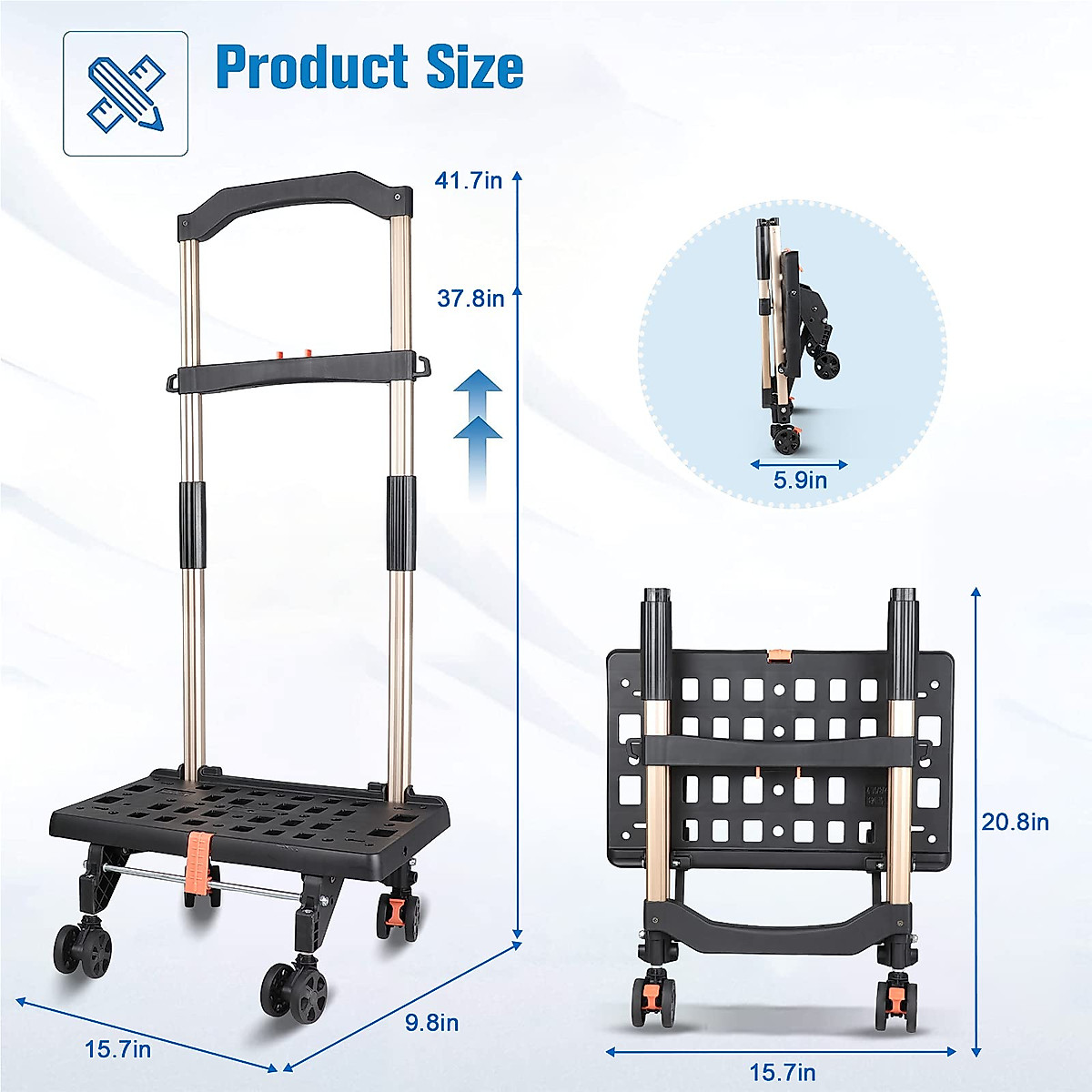Folding Hand Truck Portable Dolly Utility Cart Rolling Crate with 4 Rotate Double Wheels 80KG/176Lbs Heavy Duty Adjustable Handle for Moving Shopping Grocery Travel Office Use(Black Swivel Wheel)