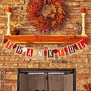 Adurself Thankful Burlap Banner Fall Autumn Maple Leaves Rustic Burlap Harvest Banner Mantel Fireplace Wall Hanging for Home Office School Party Decor Thanksgiving Decoration