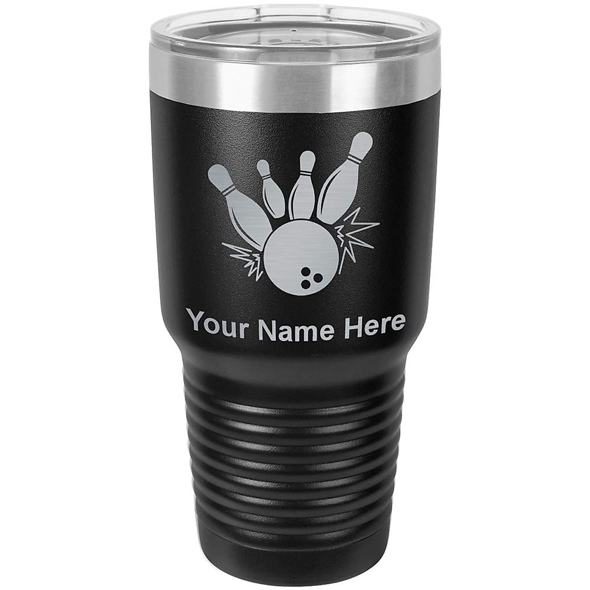 LaserGram 30oz Vacuum Insulated Tumbler Mug, Bowling Ball and Pins, Personalized Engraving Included (Black)