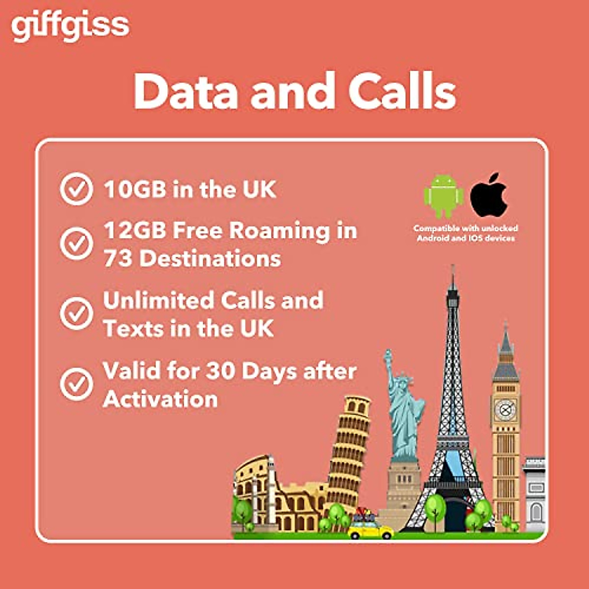 Three Europe Prepaid SIM Card - 10GB Data + Unlimited Calls and Texts in UK, 12GB Free Roaming in 73 Destinations, Valid for 30 Days, Standard/Micro/Nano for iPhone and Android