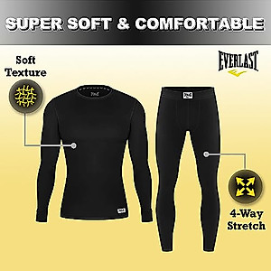 Everlast Mens Thermal Underwear Set - Warm Mens Thermal Shirt & Long Johns - Cold Weather Undershirt/Inner Pants - Insulated Winter Pajama, Black, Medium