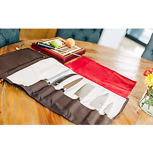 Chef's Knife Roll Bag | Extra Thick, Heavy Duty, Durable Waxed Canvas w/Cotton Liner | Stores 8 Knives plus Zipper Pocket | Portable Chef Knife Case with Leather Shoulder Strap | Knives Not Included
