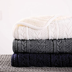 Longhui bedding Acrylic White Cable Knit Sherpa Throw Blanket – Thick, Soft, Big, Cozy Ivory White Knitted Fleece Blankets for Couch, Sofa, Bed – Large 60 x 80 Inches Ivory White Coverlet, 5.2 Pounds