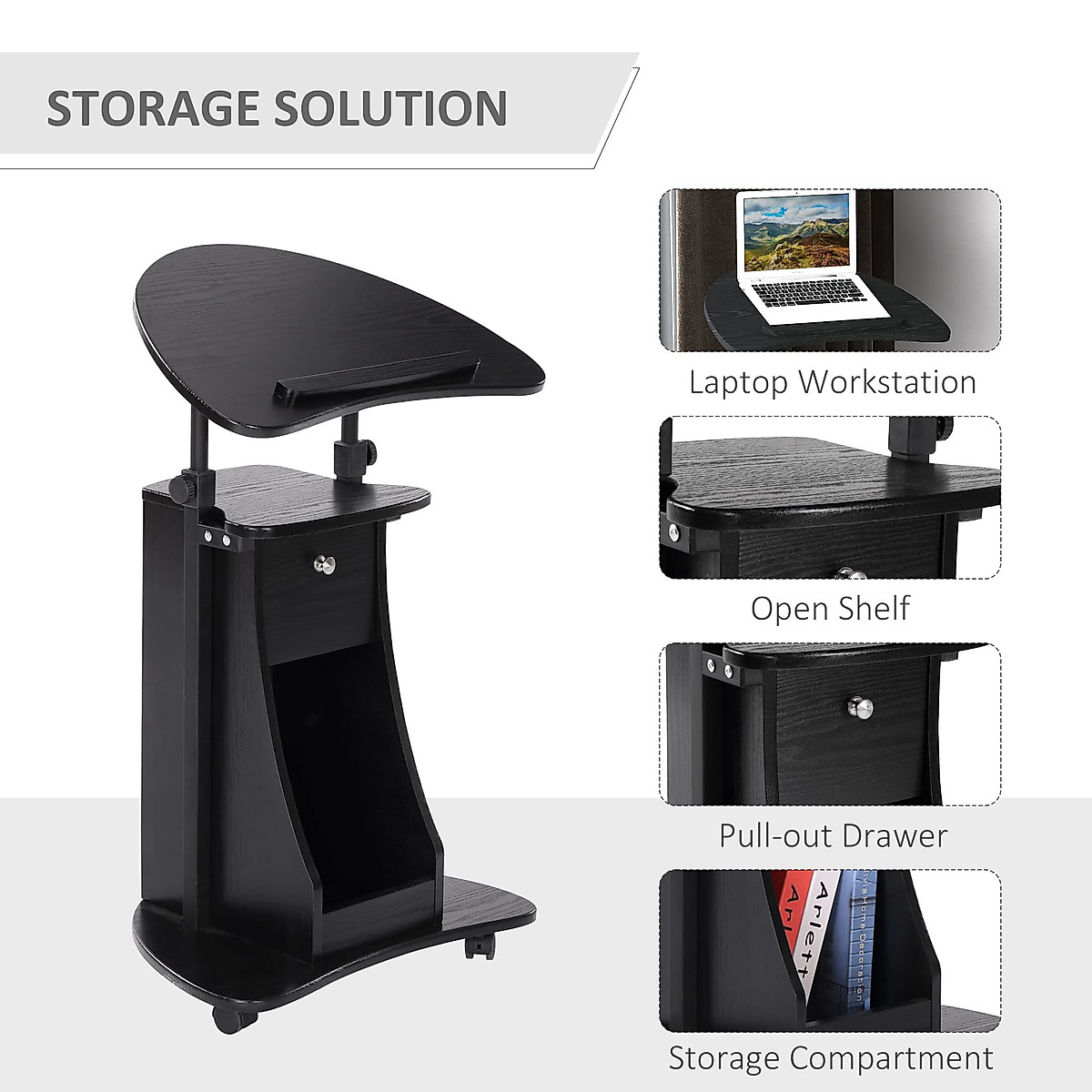 HOMCOM Adjustable Height Laptop Cart with Storage - Black