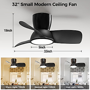 slochi Quiet Ceiling Fans with Lights and Remote, Low Profile Outdoor Ceiling Fans for Patios with Light, 32 inch Black Ceiling Fan with Light Flush Mount for Outdoor Bedroom Patio