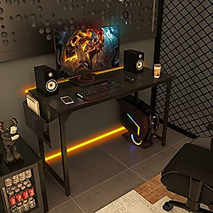 Sweetcrispy Computer Desk 47 Inch Home Office Desk Writing Desk Sturdy Gaming Desk Table Workstation, Work Desk with Storage Bag, Headphone Hook & Metal Frame, Black