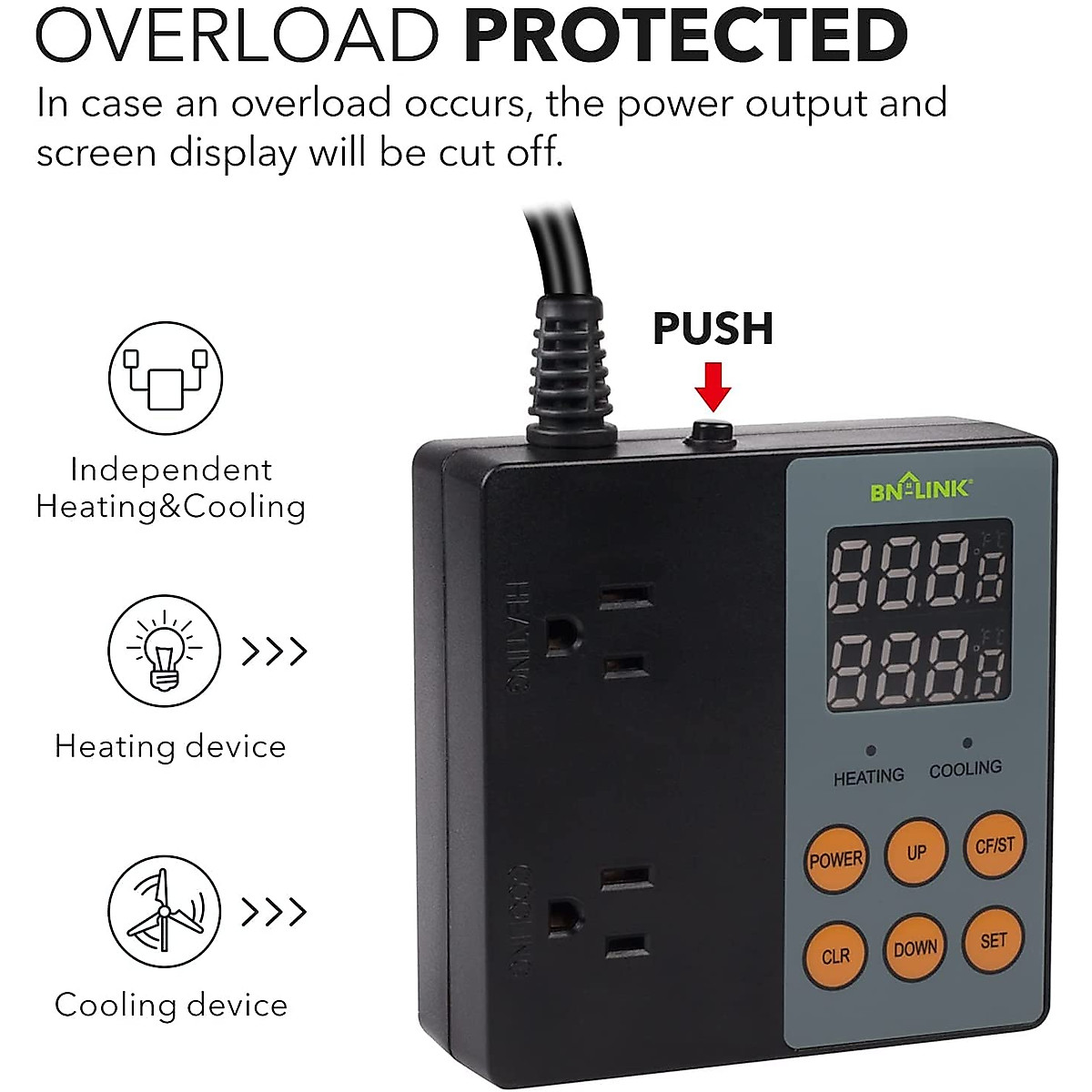 BN-LINK Digital Temperature Controller Heating Cooling 2-Stage Outlet Thermostat Controller Plug for Reptiles Aquarium Carboy Homebrew Breeding Fermenter Seed Germination °C/°F -40-176°F 15A/1875W