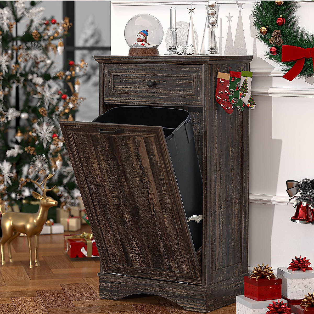 OUTGUAVA 13 Gallons Tilt Out Trash Cabinet Freestanding Kitchen Trash Bin Cabinet Wood Garbage Recycling Cabinet with Hideaway Drawer Pet Proof Trash Can Holder for Kitchen Living Room, Rustic Brown