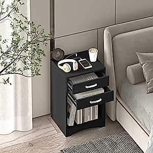 hosote Nightstands Set of 2, Black Nightstand with Charging Station USB Port, Night Stand Bedside Table Bed Side Table End Table Sofa Table with Storage Drawers for Bedroom Living Room