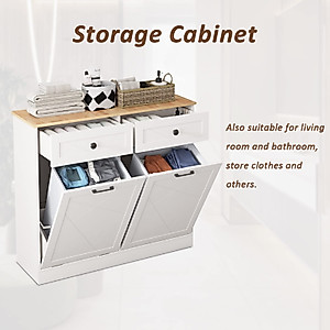 Vabches Trash Cabinet Double Trash Can, Dog Proof Tilt Out Trash Bin Holder, Hideaway Free Standing Recycling Cabinet with 2 Drawers for Kitchen Living Room White