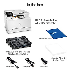 HP Color Laserjet Pro M283cdw AIO - Scan Copy Fax -Wireless Laser Printer, Touchscreen, Up to 600 x 600 dpi, 50-Sheet ADF, 22 ppm, Duplex Printing, White, with Printer Cable
