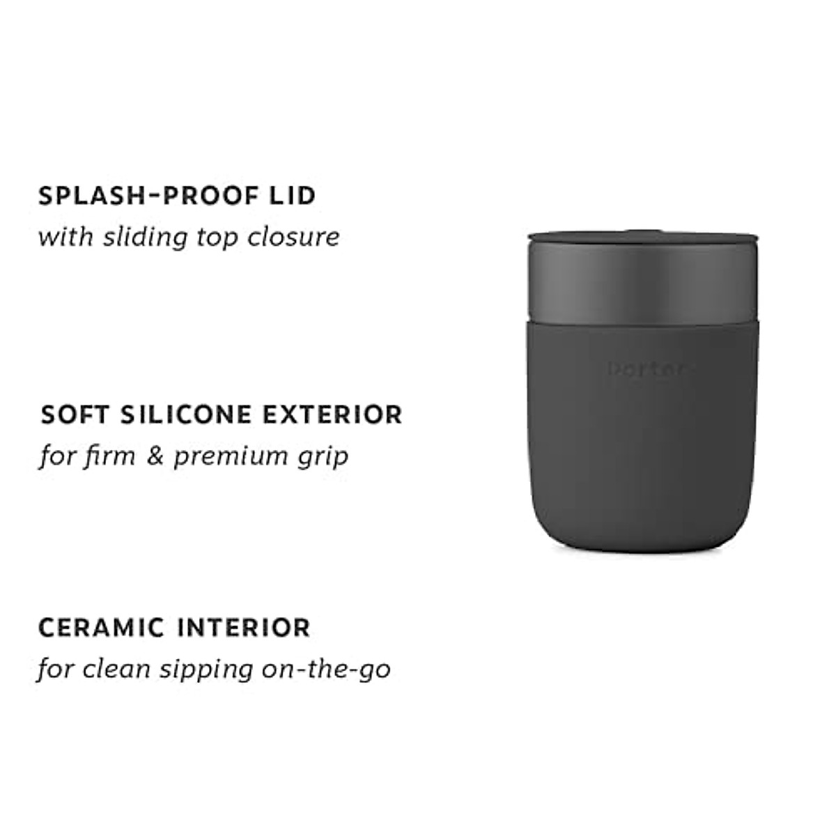 W&P Porter Ceramic Mug w/ Protective Silicone Sleeve, Charcoal 16 Ounces | On-the-Go | No Seal Tight | Reusable Cup for Coffee or Tea | Portable | Dishwasher Safe| WP-PMCL-CH