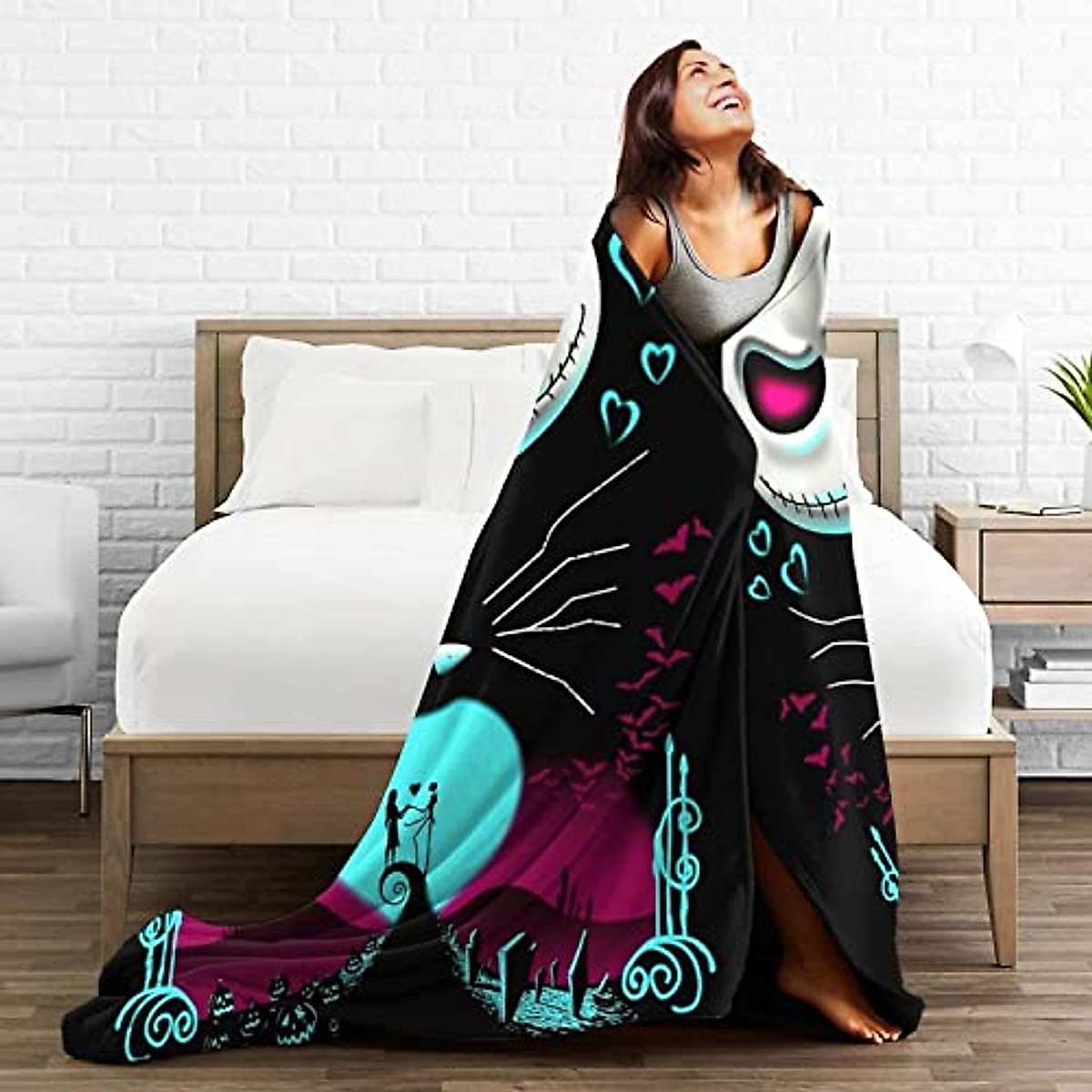 3D Printed Christmas Blanket Jack & Sally Adult Blanket Novelty Soft Flannel Blanket for Couch Bed Living Room Sofa 2-50"x40"