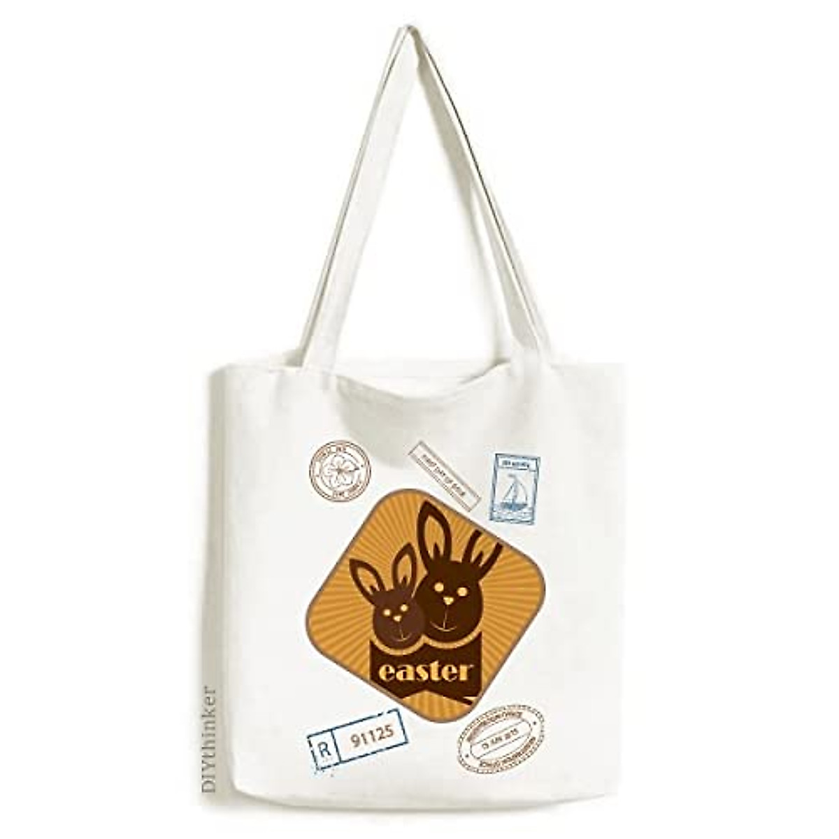 Easter Festival Brown Bunny Pattern Stamp Shopping Ecofriendly Storage Canvas Tote Bag
