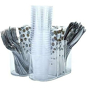 Friwer 5 Compartment Classic Acrylic Napkin Holder with Cutlery Organizer Caddy Bin, For Spoons, Forks, Knives & Cups, Indoor/Outdoor Use