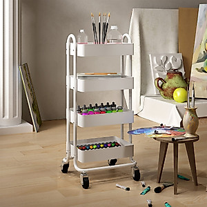 MIOCASA 4-Tier Metal Utility Rolling Cart, Heavy Duty Multifunction Cart with Lockable Casters, Easy to Assemble, Suitable for Office, Bathroom, Kitchen, Garden (White)