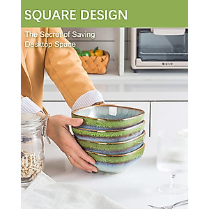 HENXFEN LEAD Ceramic Cereal Bowls, Square Serving Bowls 22 Oz for Side Dish, Appetizers, Salad - Oatmeal, Soup, Fruit Bowls Microwave Oven Safe, Set of 4 - Reactive Green