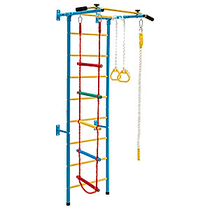 Costzon 5 in 1 Climbing Toys for Toddlers, Indoor Kids Gym for Exercise, Steel Ladder Wall Set with Wall Ladder, Pull-up Bar, Climbing Rope and Gymnastic Rings, Climber Ladder Toys Boys Girls Gift