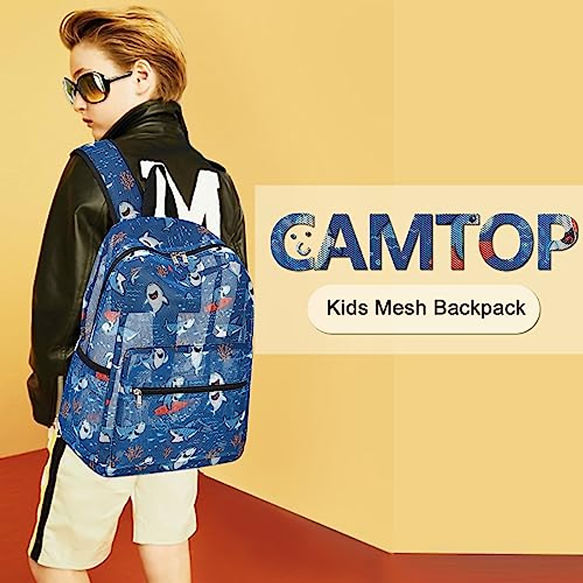 CAMTOP Mesh Backpack Kids Boys Girls Bookbag See Through Preschool Backpacks Casual Daypack for School Beach Travel Swim(Age 3-8 Years,Shark)