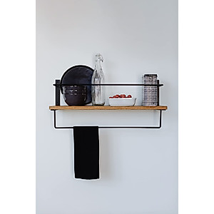 Wood Floating Shelves with Metal Towel Bar, Oak Kitchen Wall Storage Towel Rack, Bathroom Towel Holder, Wall Mounted Steel Towel Rack ETHIMO Classic I
