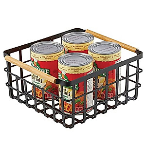mDesign Metal Wire Storage Organizer Basket with Bamboo Wood Handles for Kitchen Pantry, Rustic Farmhouse Bin to Store Fruit, Coffee, Spices, Supplies, Yami Collection, 8 Pack, Matte Black/Natural/Tan
