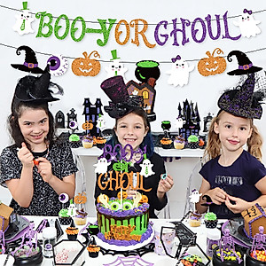 Halloween Gender Reveal Party Decoration Boo-y or Ghoul Baby Shower Banner Cake Cupcake Topper Purple Green Balloons Fall Boy Or Girl Sex Announcement Ideas Favor Supplies