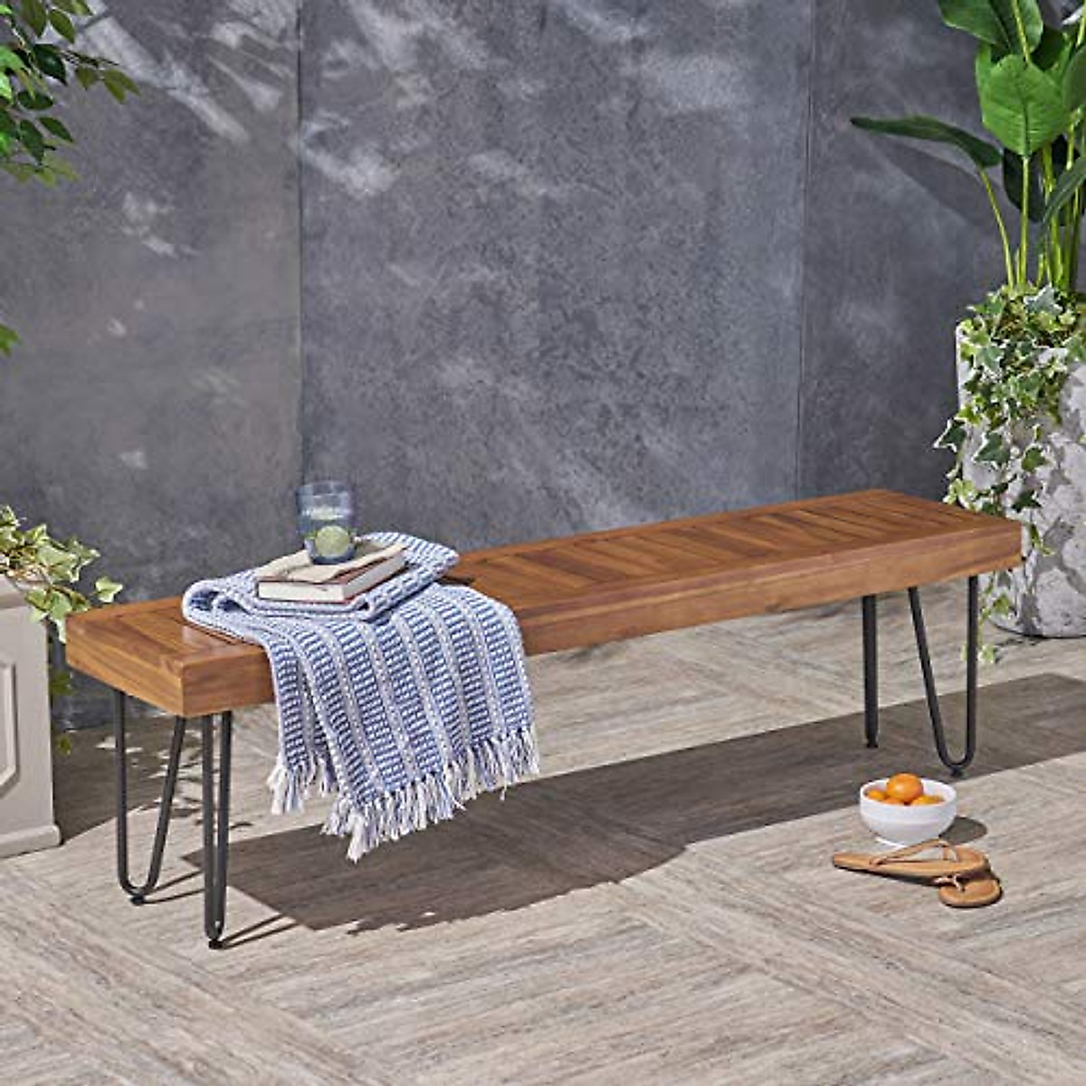 Christopher Knight Home Abbet Outdoor Industrial Wood Bench, Teak/Black Metal