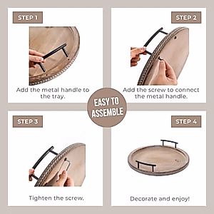 FESTWIND Decorative Tray, Wooden Tray with Handles for Kitchen Dinning Table Entryway Coffee Table, Beaded Tray for Holidays, Round Wood Tray Distressed Brown