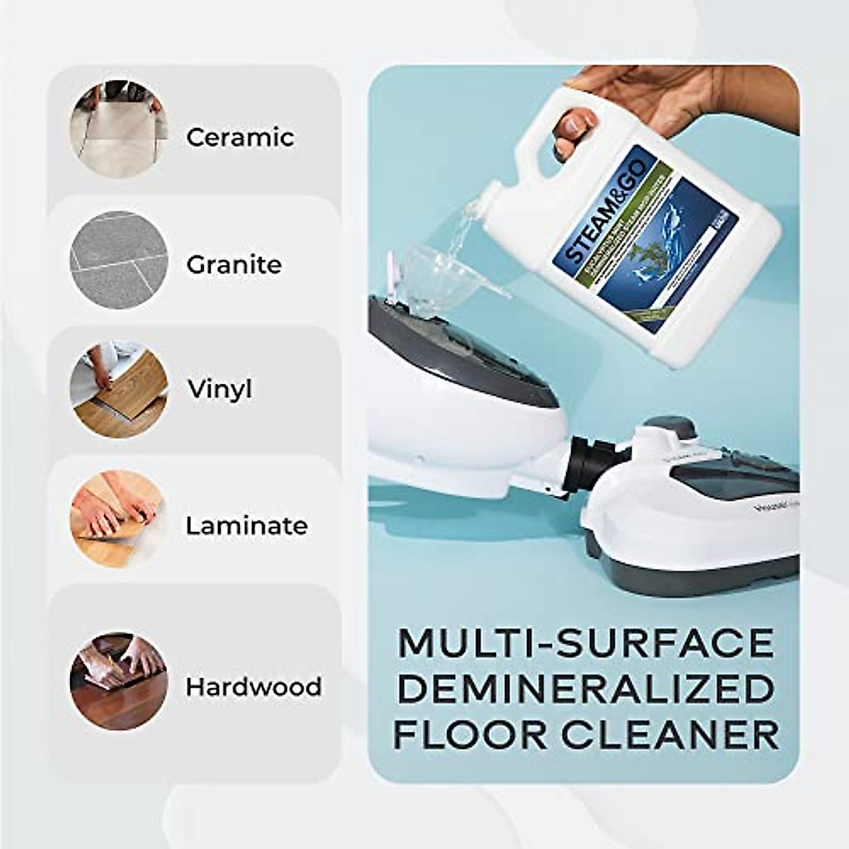 Steam & Go - Demineralized Water for Steam Cleaner, PVC-Free Floor Cleaner Liquid Compatible With Any Mop Steamer, Ready-to-Use Multisurface Cleaner, Scented Mop Solution, Eucalyptus Mint, 32 oz