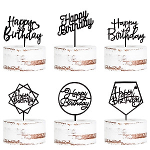 6-Pack Black Birthday Cake Topper Set, Double-Sided Shiny Black, Acrylic Happy Birthday Sign Cake Toppers/Cupcake Toppers, Birthday Party Decorations Supplies for Cool Guy.