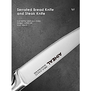 Aiheal 17PCS Stainless Steel Knife Set with Clear Knife Block, No Rust and Super Sharp Kitchen Knife Set in One Piece Design with Knife Sharpener for Kitchen, Steak Knives Set