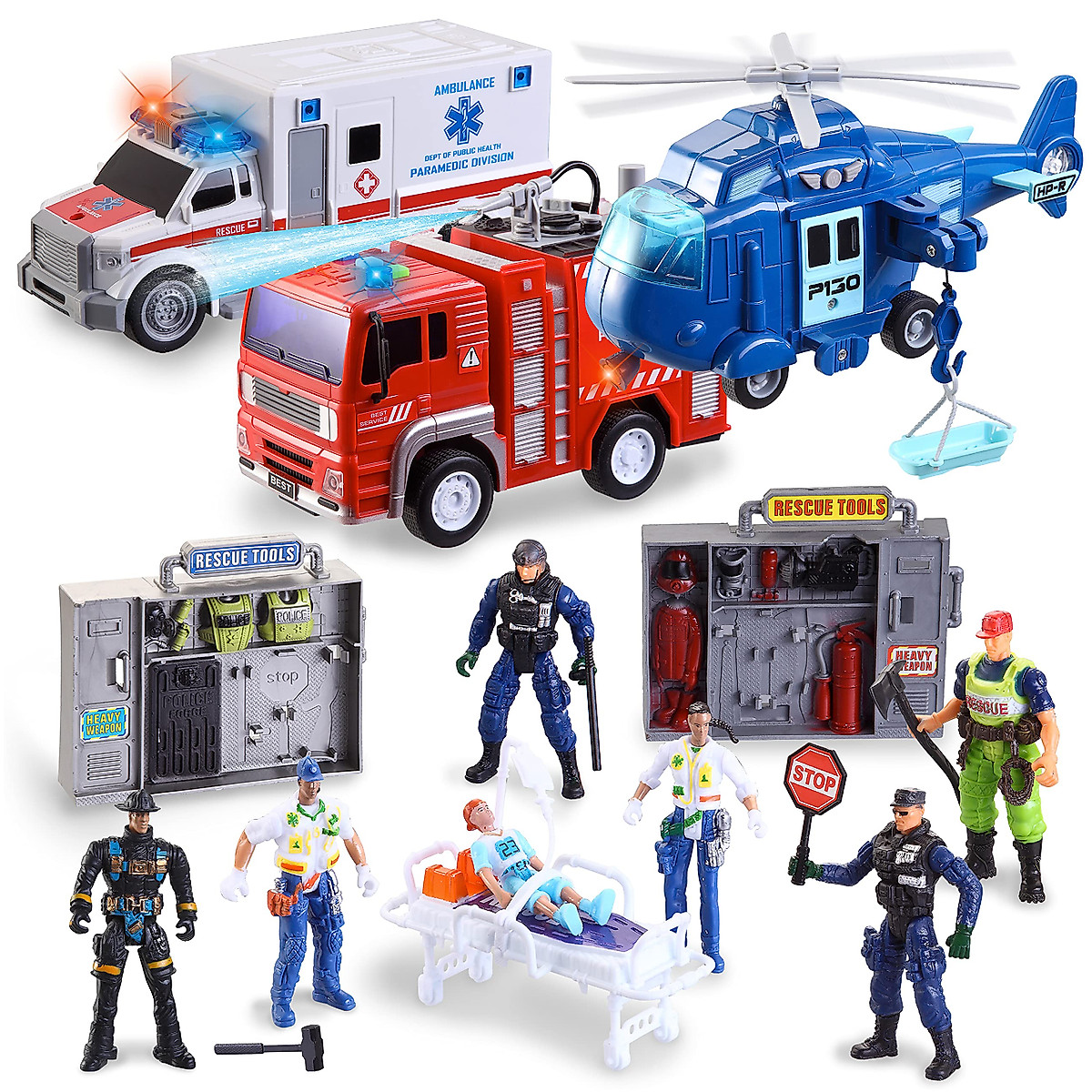 JOYIN 13Pcs Ambulance Toys, City Emergency Truck Toy Set with Fire Truck, Ambulance, Helicopter, Action Figures, Friction Powered Vehicles with Light and Sound, Boys Girls Gifts for 1-8 Years