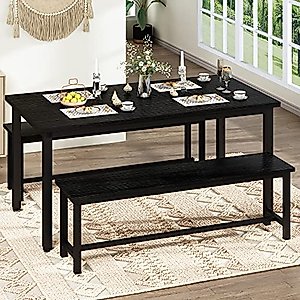 Lamerge Kitchen Table Set with 2 Benches 4 Person Dining Room Table Set for Home Kitchen, Dining Room, Restaurant, Space Saving, Black, 43.3''L x23.6''W x28.5''H (43B)