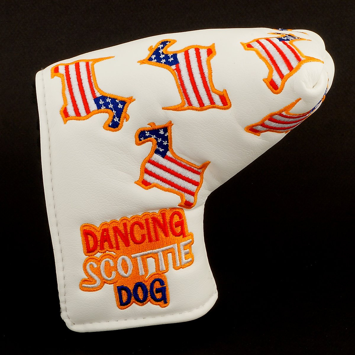 US Flag Dancing Scottie Dog Headcover for Blade and Midsize Mallet Putter, White, Golf Head Cover