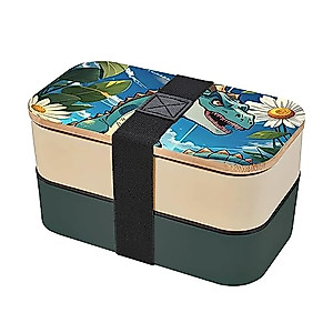 Cute Dinosaur Adult Lunch Box, Bento Box, With Cutlery Set Of 3, 2 Compartments, Rectangular, Lunch Box For Adults