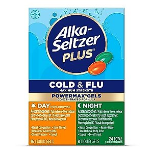 Alka-Seltzer Plus Power Max Cold and Flu Medicine, Day+Night, - Maximum Strength (Per 4 Hour Dose) Relief Cold and Flu Medicine for Adults and Children 12 Years and Older, 24 Count, Packaging May Vary