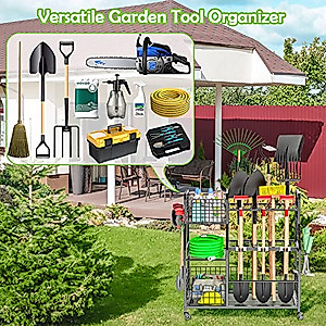 JKsmart Garden Tool Organizer for Garage, Large Utility Yard Tool Organizers and Storage Holder with Wheels, 3 Tier Garden Tool Rack with Extra Storage Basket for Garden/Garage/Shed/Basement