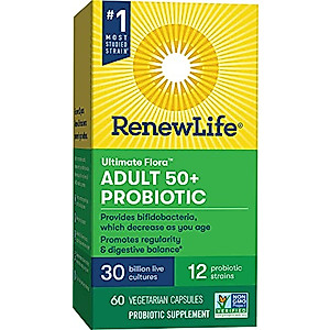 Renew Life Adult Probiotics 50+, 30 Billion CFU Guaranteed, Probiotic Supplement for Digestive & Immune Health, Shelf Stable, Gluten Free, Extra Care, For Men & Women, 60 Capsules