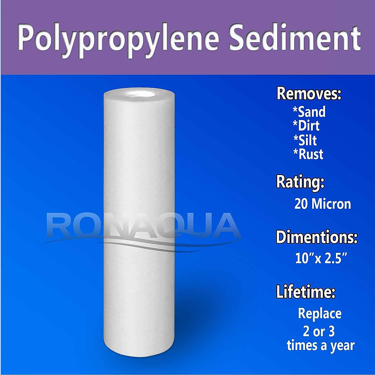 20 Micron Sediment Water Filter Cartridge 10"x 2.5", Four Layers of Filtration, Removes Sand, Dirt, Silt, Rust, Made from Polypropylene for any RO Units or Whole House Water Filtration Systems 6 Pack